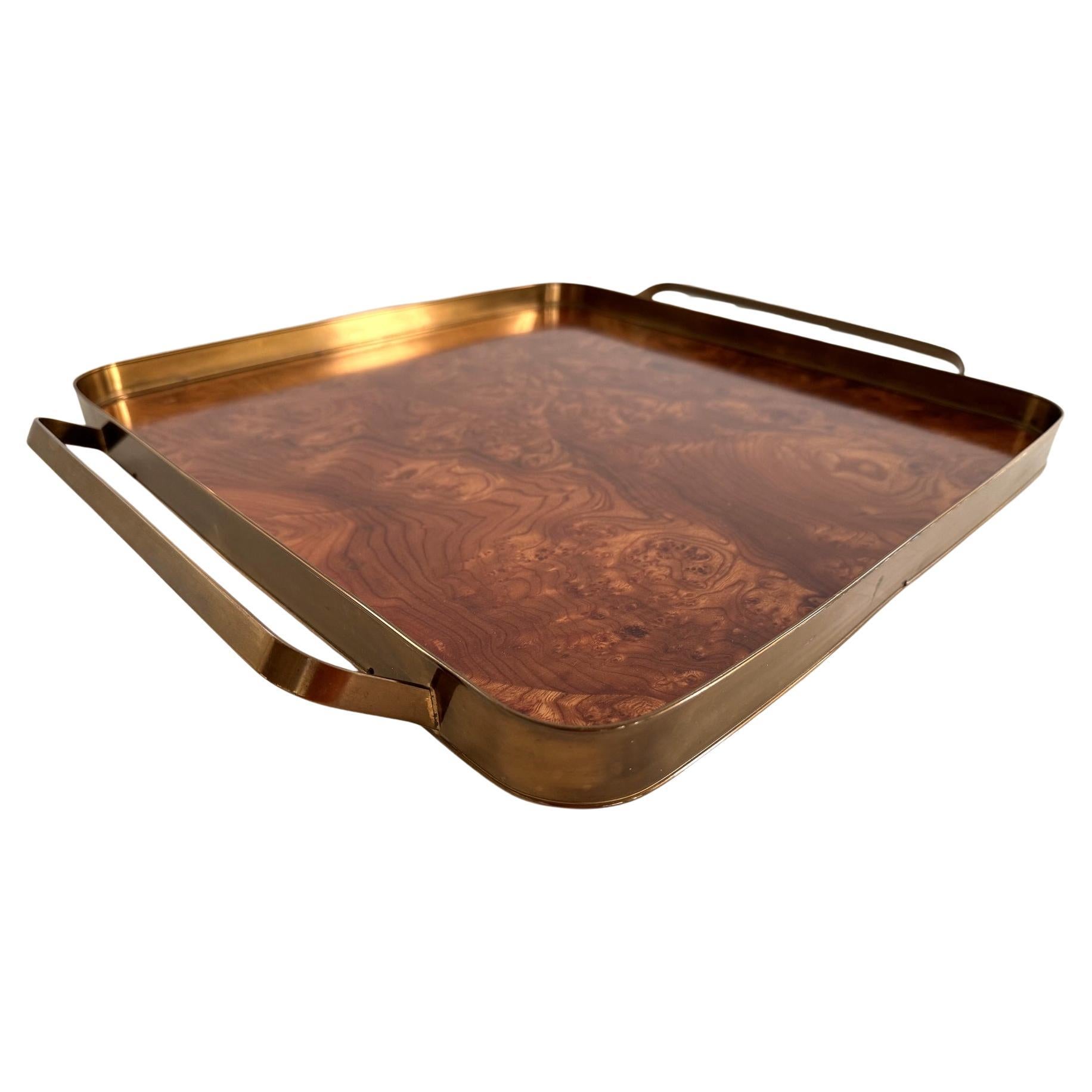 Italian Serving Tray in Burl Veneer and Brass in Gabriella Crespi Style ...
