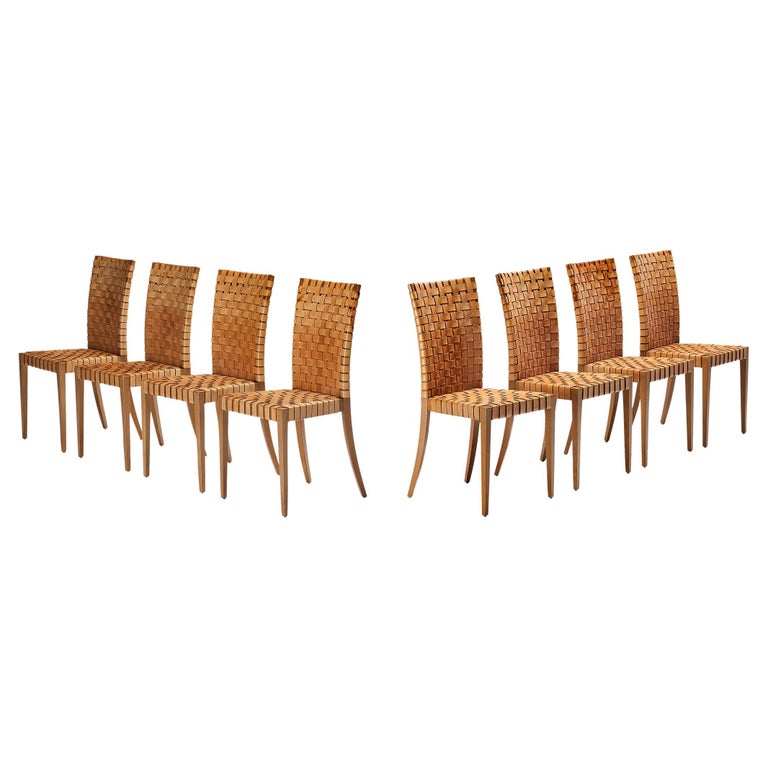 Italian Set of Eight Dining Chairs in Braided Brown Leather For Sale at ...