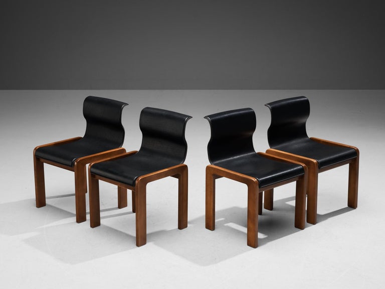 Italian Set of Four Dining Chairs with Wavy Backrests in Leather and ...