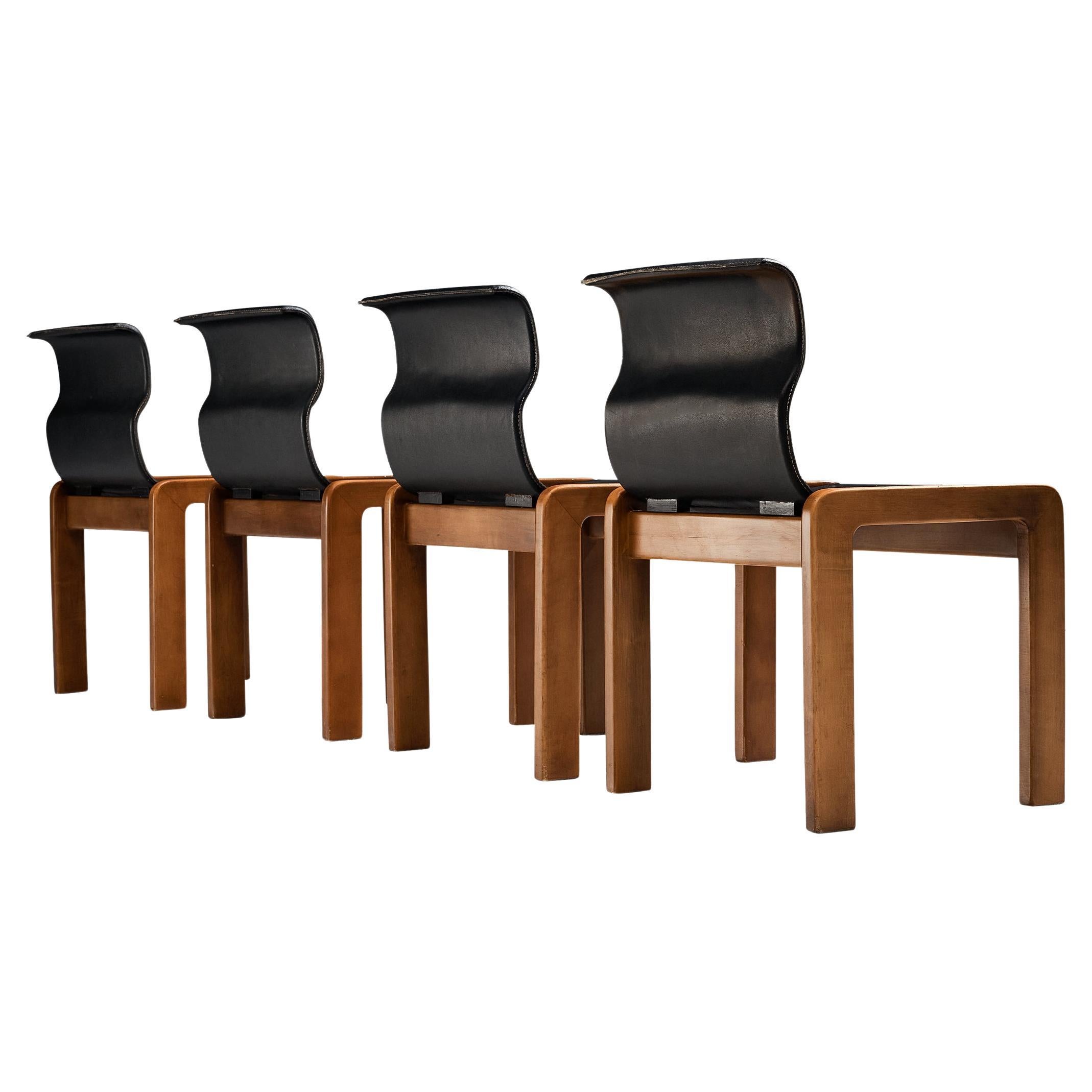 Italian Set of Four Dining Chairs with Wavy Backrests in Leather and ...