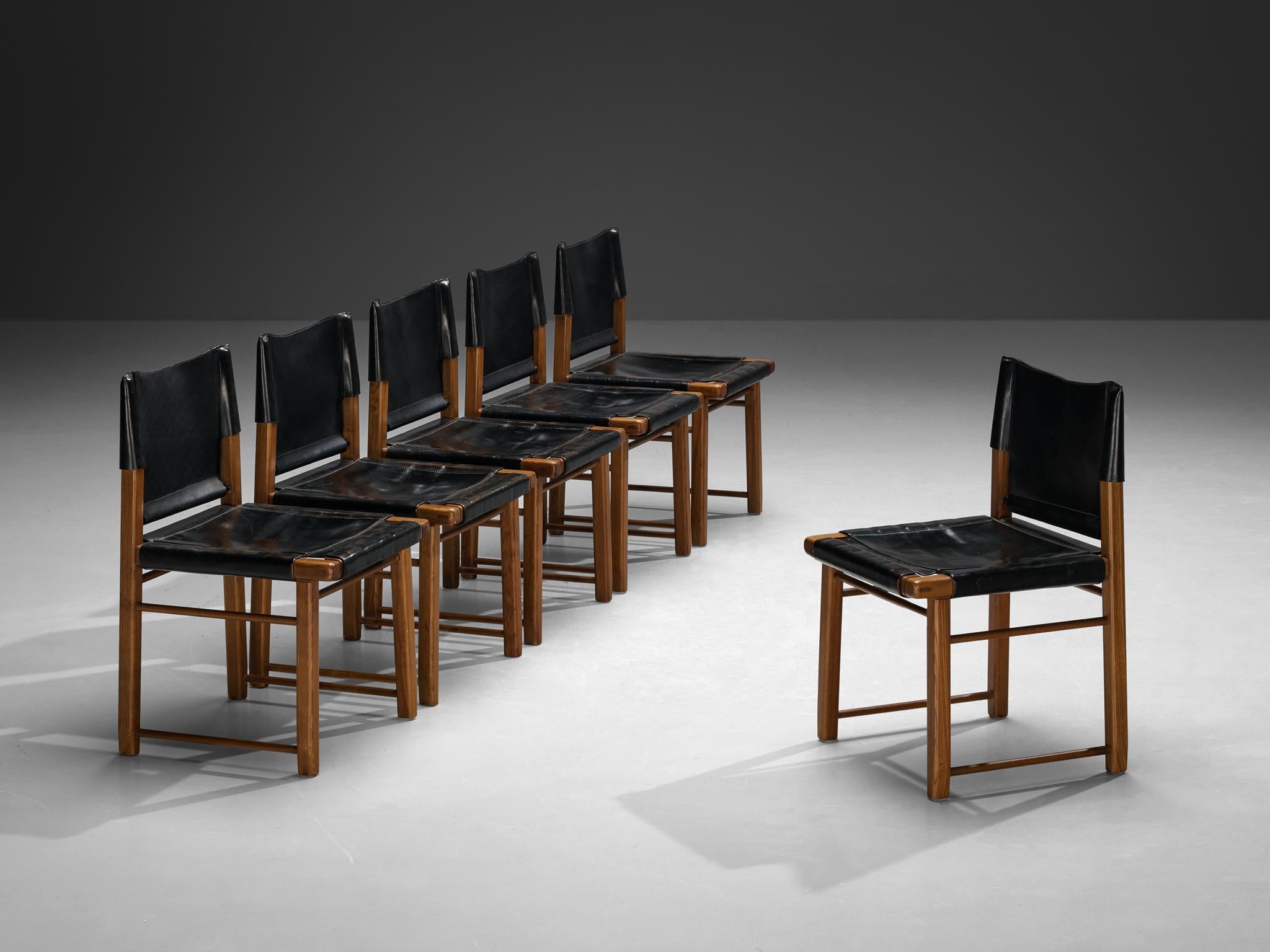 Italian Set of Six Sturdy Dining Chairs in Black Saddle Leather and Ash ...
