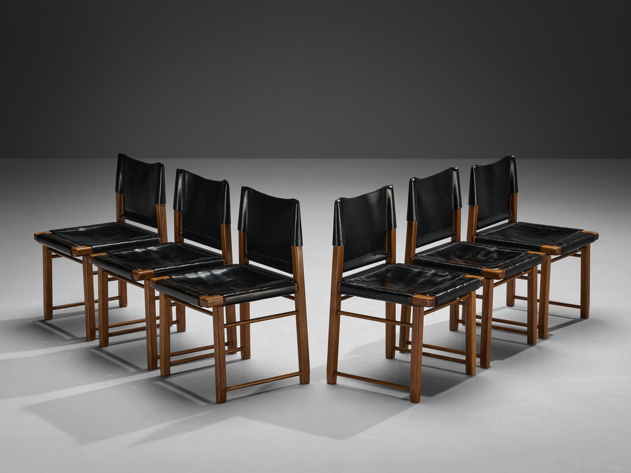 Italian Set of Six Sturdy Dining Chairs in Black Saddle Leather and Ash ...