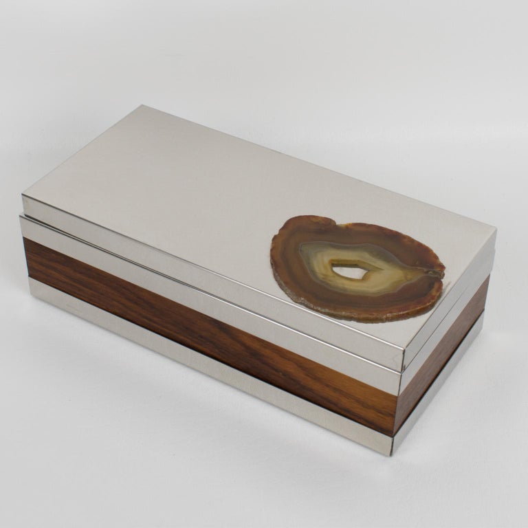 Italian Silver Plate and Wood Box with Agate Stone Slab For Sale at 1stDibs
