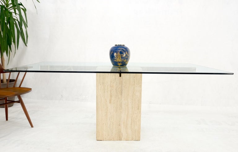 Italian Single Travertine Pedestal Glass Top Dining Conference Table ...