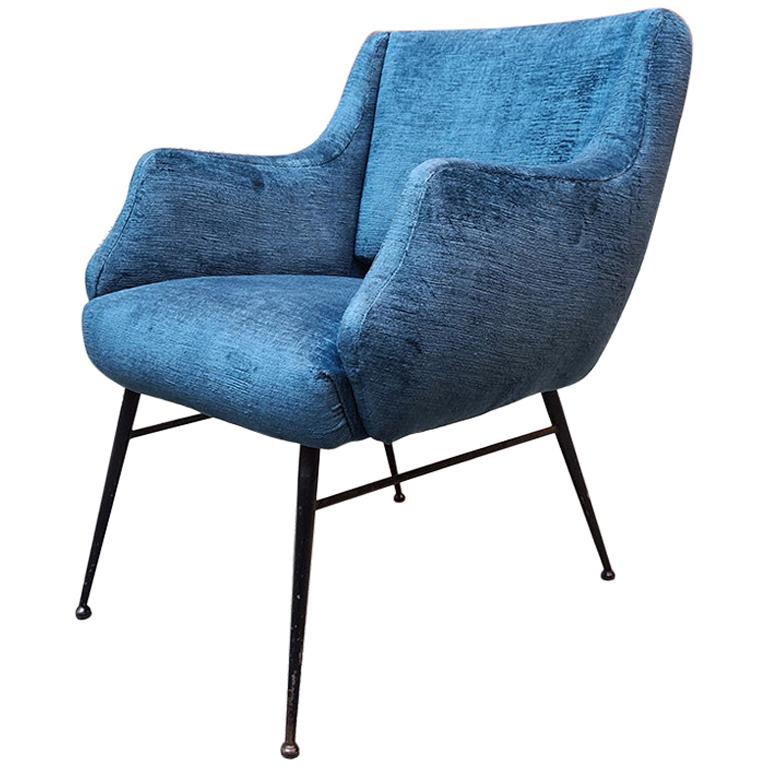 Italian Small Blue Velvet Armchair, 1960s at 1stDibs