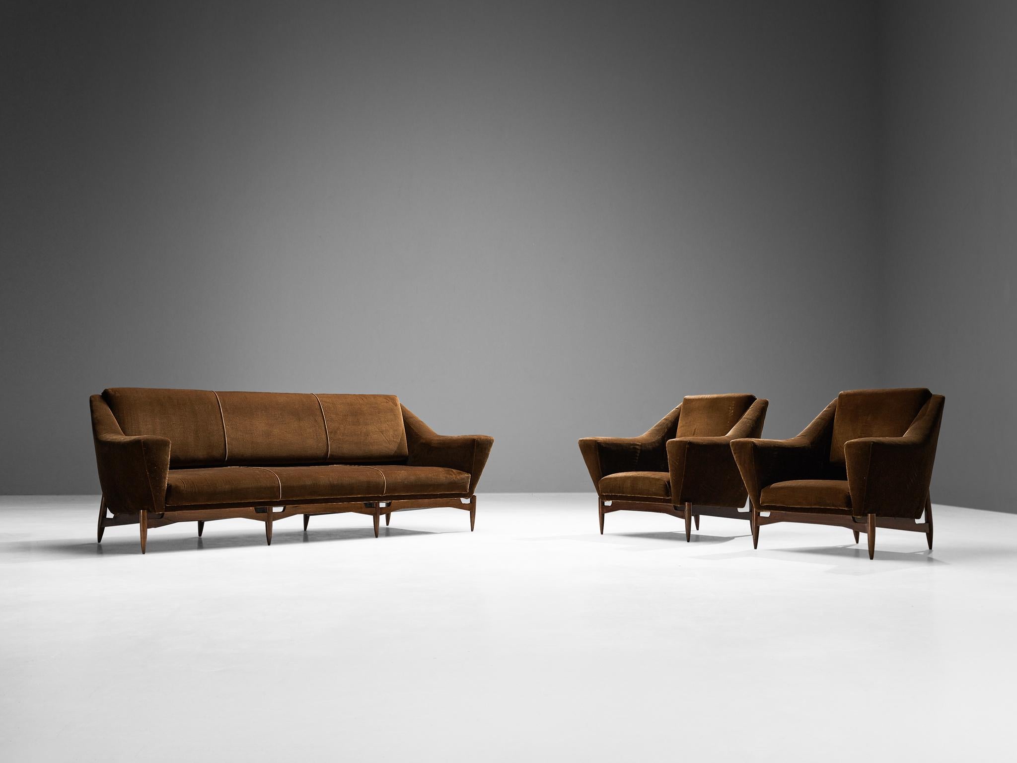 Italian Sofa with Exposed Elegant Wooden Frame in Brown Velvet at 1stDibs