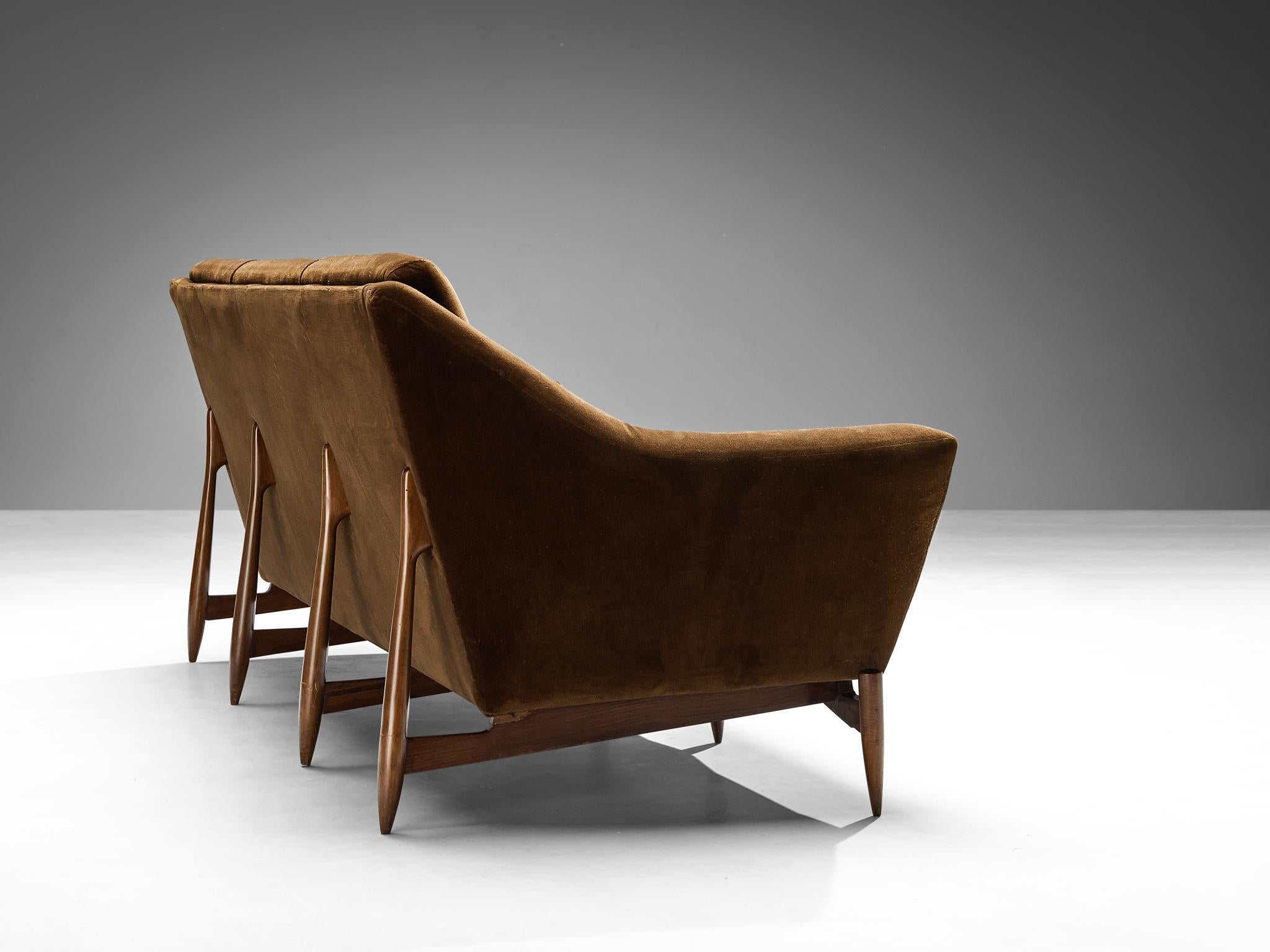 Italian Sofa with Exposed Elegant Wooden Frame in Brown Velvet at 1stDibs
