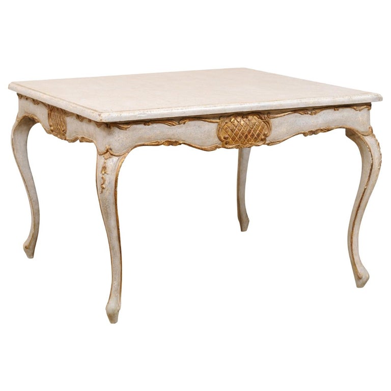 Italian Square-Shaped Wood Table w/ Elegant Legs, Scalloped Skirt and ...