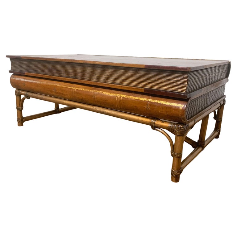 Italian Stacked Leather Book-Form Storage Coffee Table on Bamboo Base ...