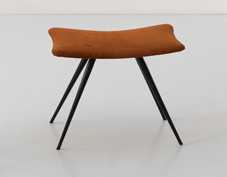 Italian Stool in Cognac Suede Leather and Black Steel Conical Legs ...