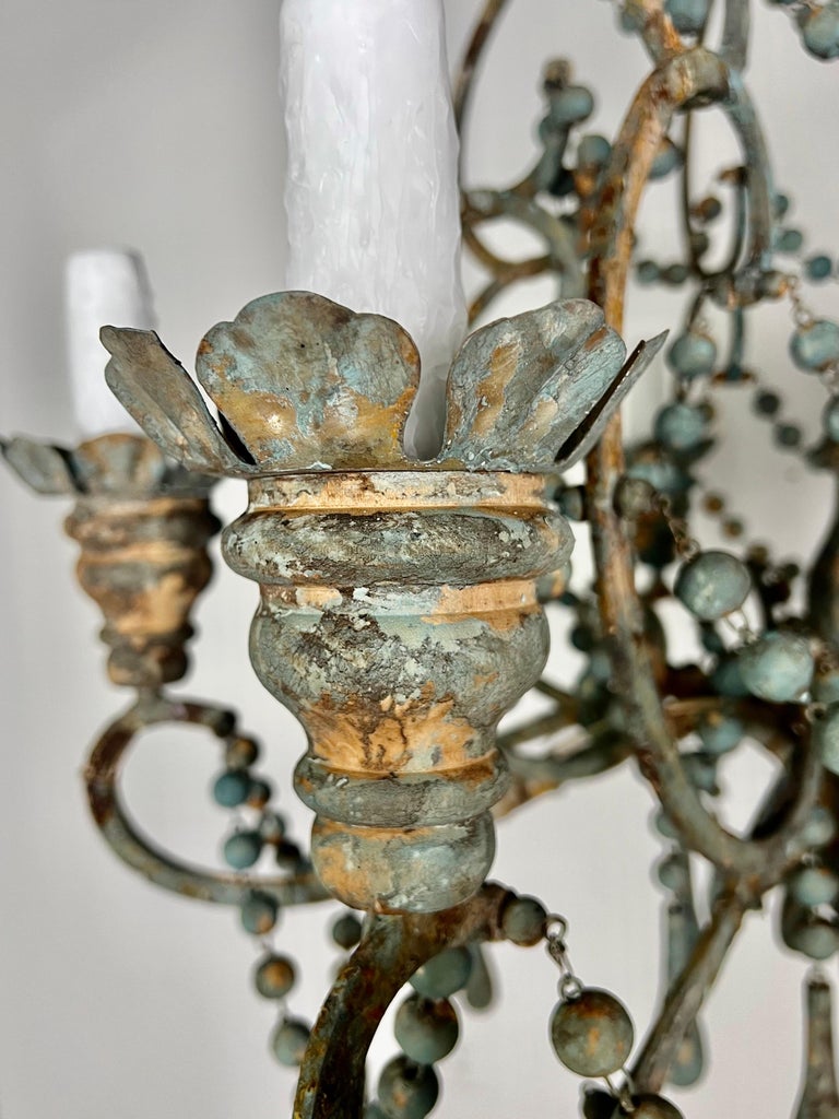 Italian Style Wood and Iron Chandelier with Wood Drops For Sale at 1stDibs