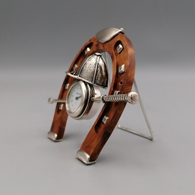 Italian Table Clock in 800 Silver and Wood Depicting Polo Game ...