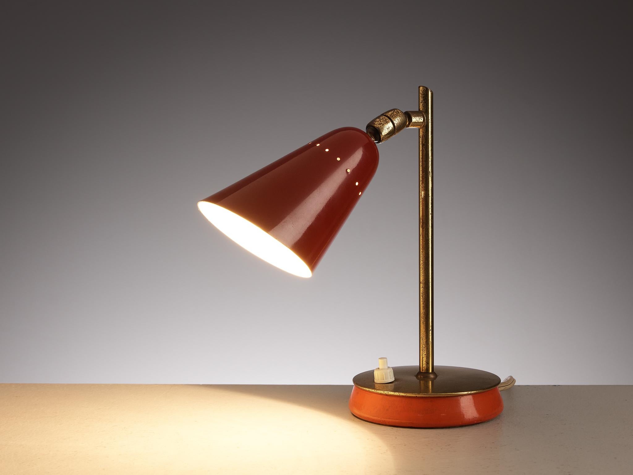 Italian Table Lamp in Brass with Red Lacquered Metal Shade at 1stDibs