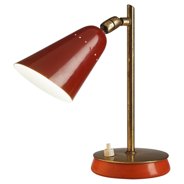 Italian Table Lamp in Brass with Red Lacquered Metal Shade at 1stDibs