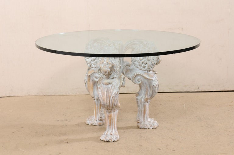Italian Table with Lion Pedestal Carved Base and Thick Round Glass Top ...