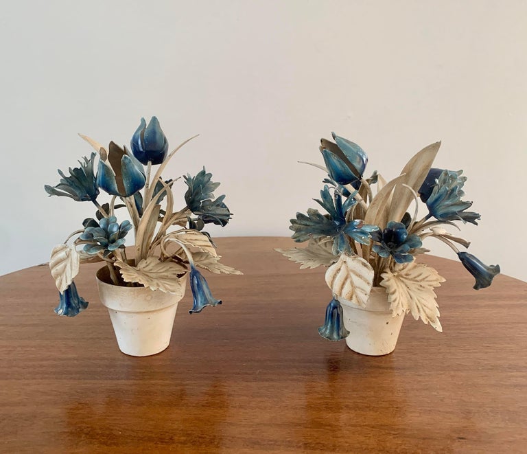 Italian Tole Blue and White Flower Pots, Pair For Sale at 1stDibs