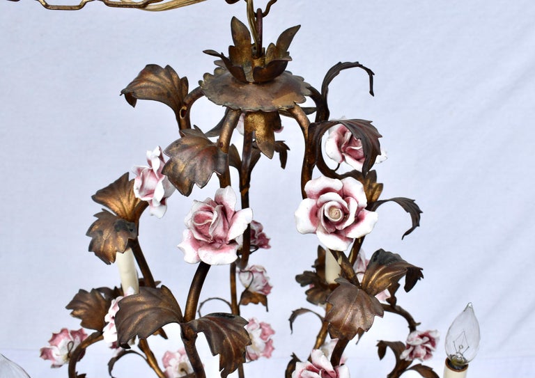 Italian Tole and Ceramic Six Arm Chandelier For Sale at 1stDibs