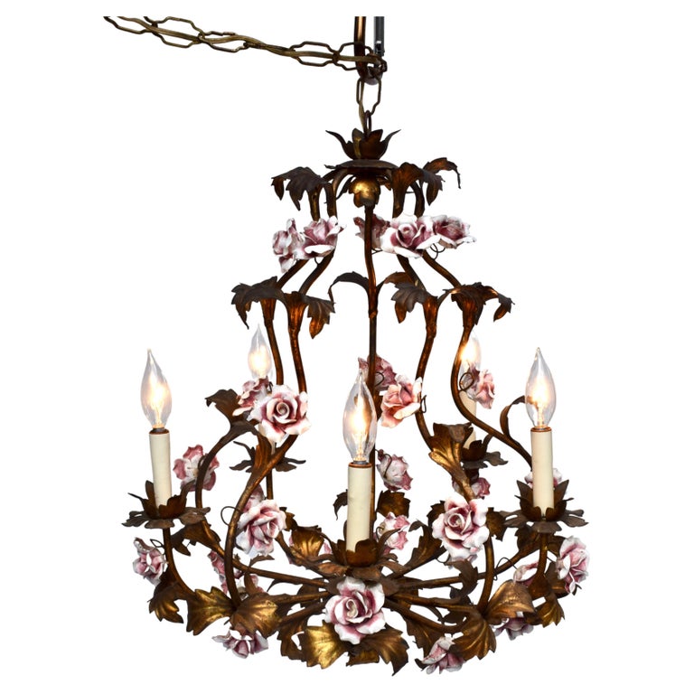 Italian Tole and Ceramic Six Arm Chandelier For Sale at 1stDibs