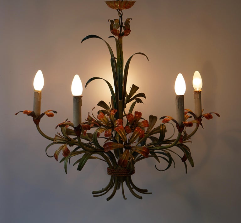 Italian Tôle Chandelier with Flowers, 1970s at 1stDibs