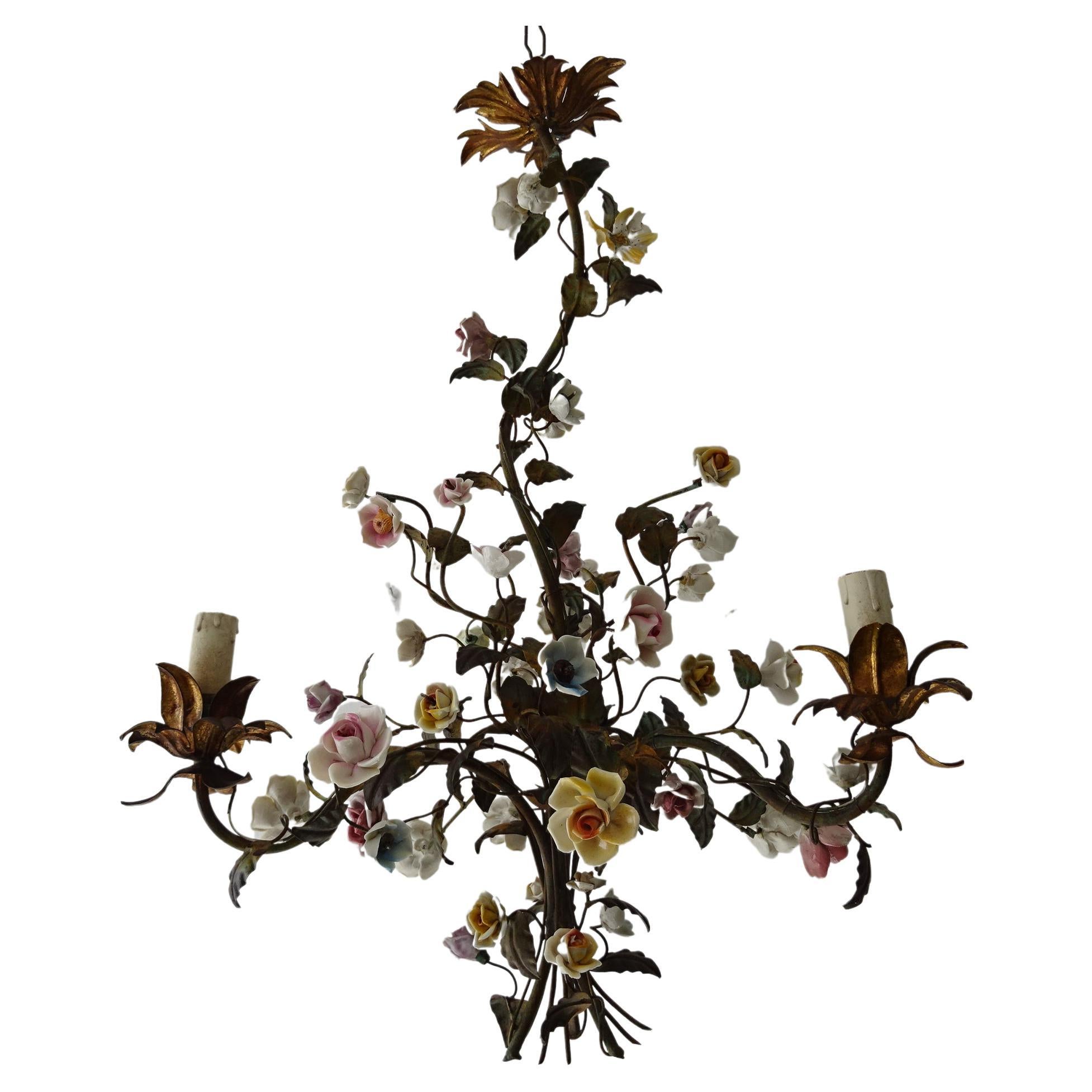 Italian Tole with Porcelain Flowers Polychrome Chandelier, circa 1870 ...