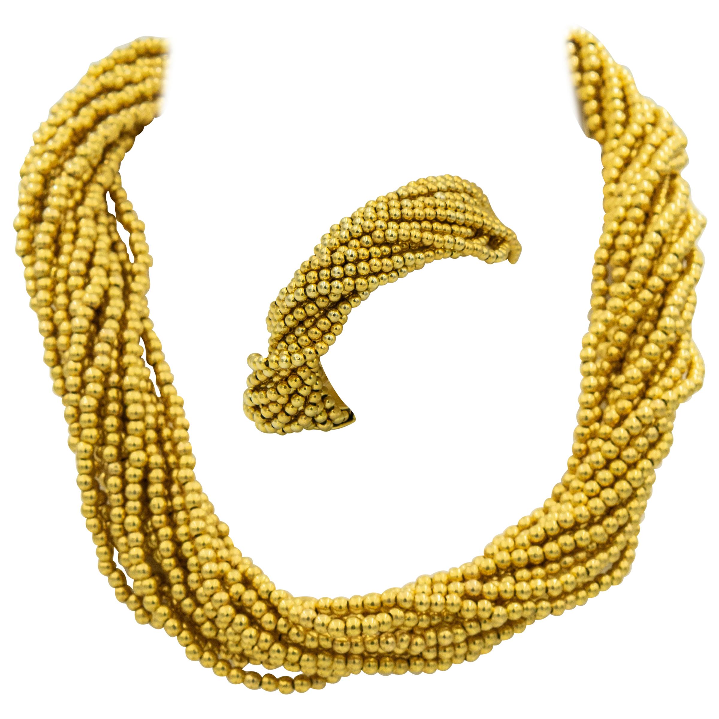 Italian Torsade Yellow Gold Bead Bow Clasp Necklace and Bracelet Set ...