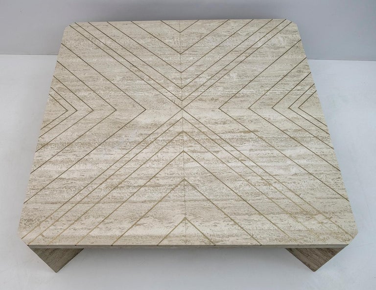 Willy Rizzo Mid-Century Italian Travertine Coffee Table with Brass ...