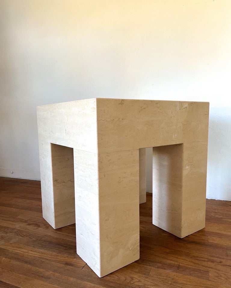 Italian Travertine Parsons Side Table with Marble Inlay For Sale at 1stDibs