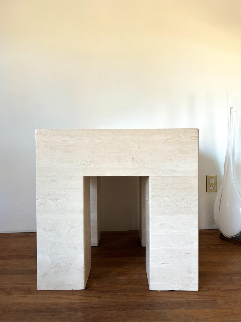 Italian Travertine Parsons Side Table with Marble Inlay For Sale at 1stDibs