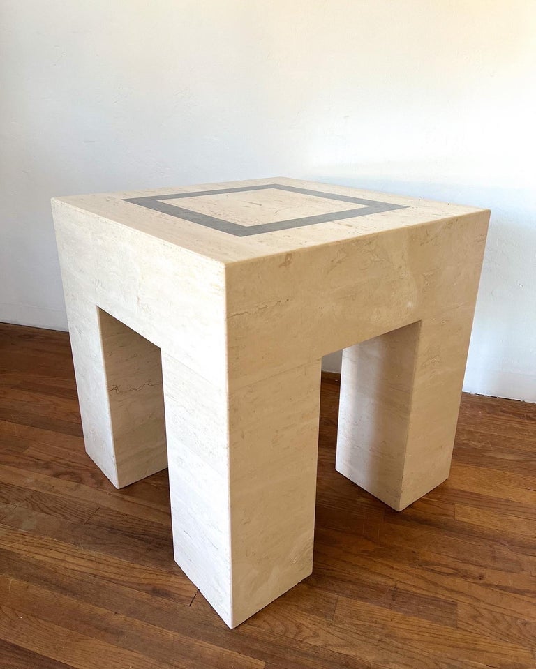 Italian Travertine Parsons Side Table with Marble Inlay For Sale at 1stDibs