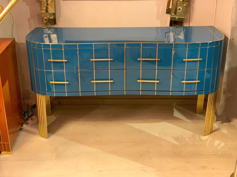 Italian Turquoise Opaline Glass Chest of Drawers, Brass Handles and ...