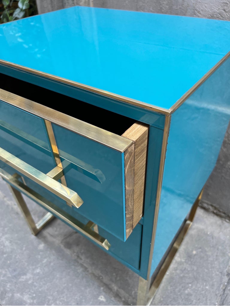 Italian Turquoise Opaline Glass Nightstands, Brass Handles and Inlays ...