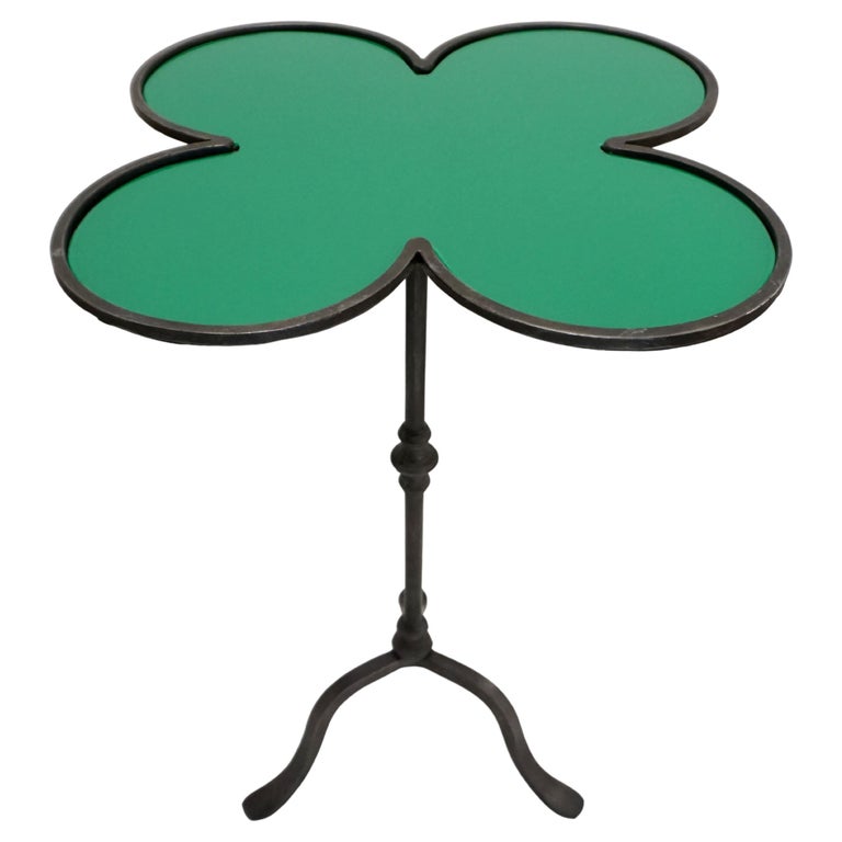 Italian Twisted Cast Iron Customizable Green Glass Clover Side Coffee Table For Sale at 1stDibs