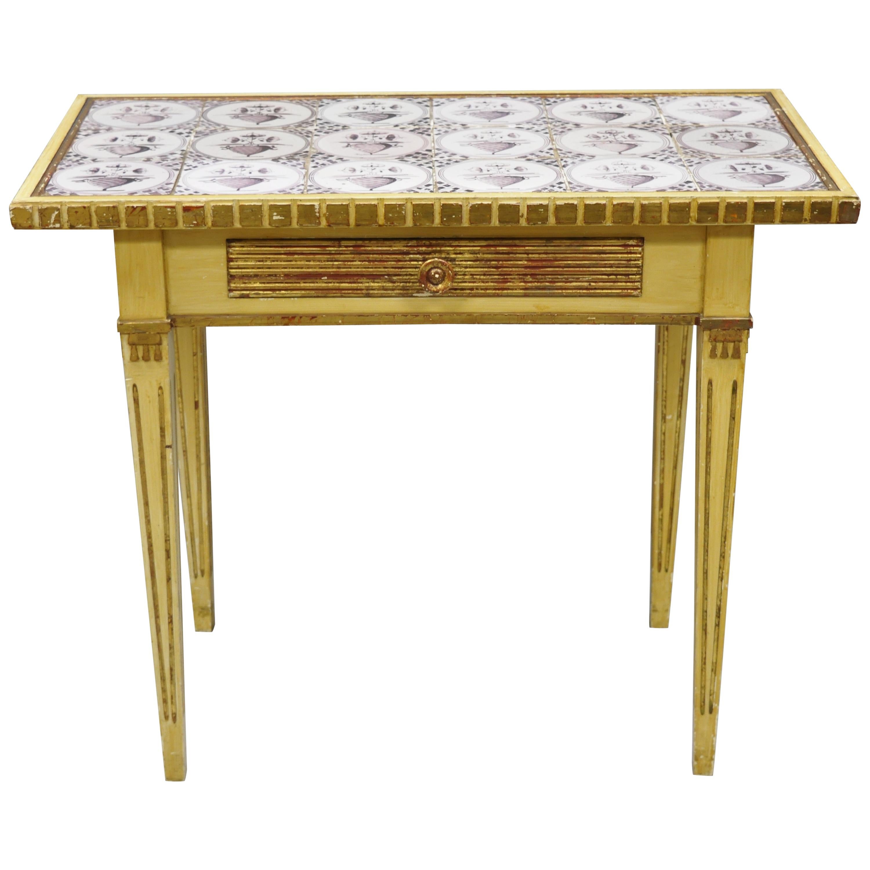 Italian Venetian Cream and Gold Giltwood Double Drawer Tile Top Console ...