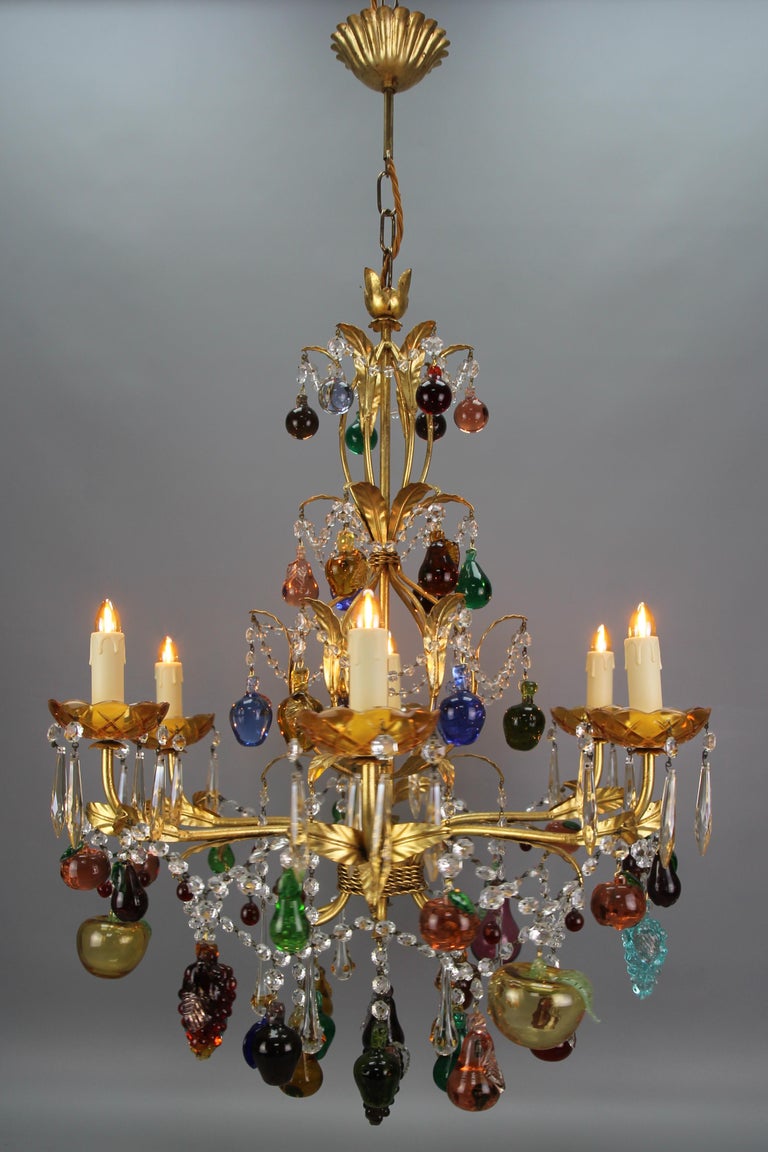 Italian Venetian Gilt Metal Six-Light Chandelier with Murano Glass ...