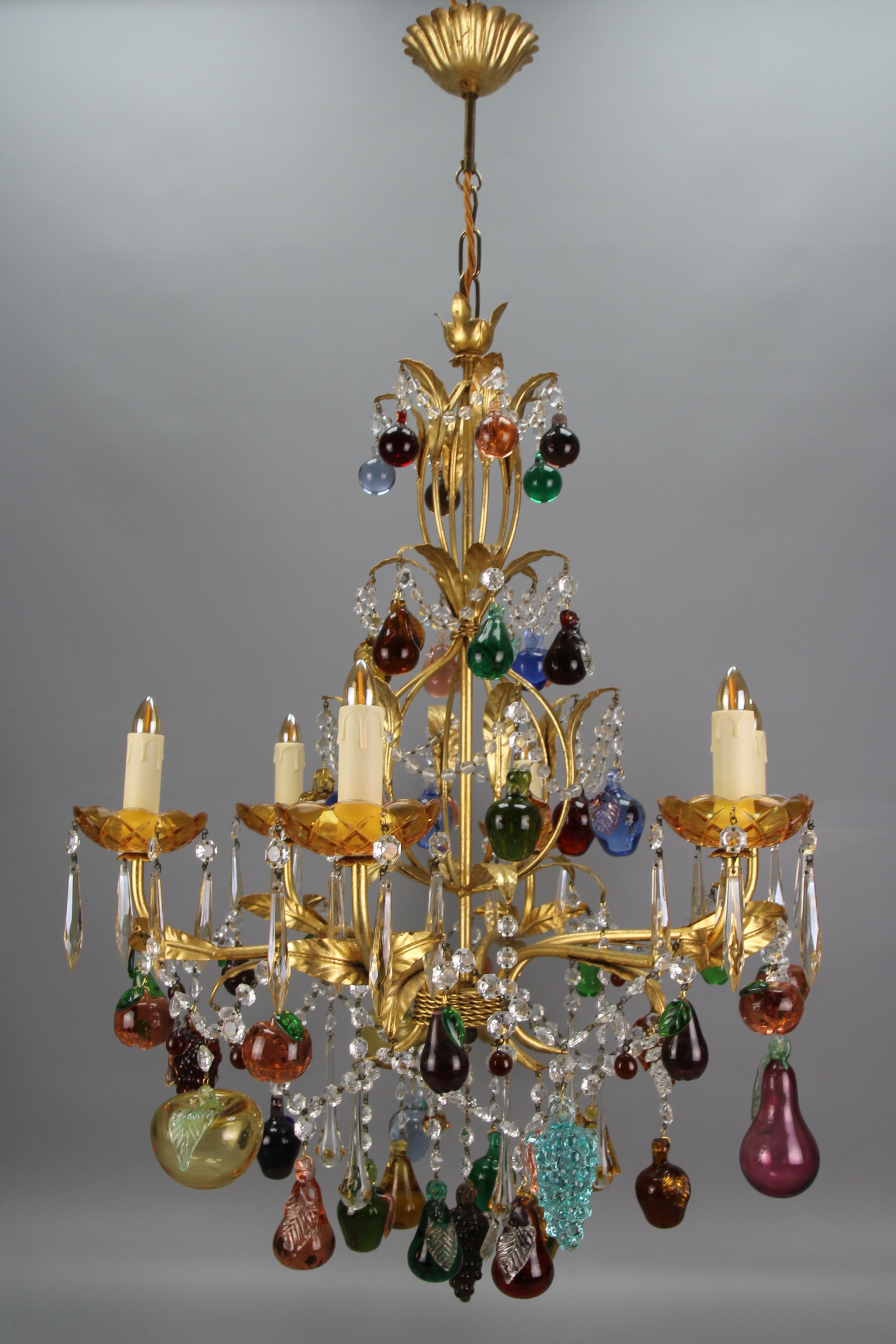 Italian Venetian Gilt Metal Six-Light Chandelier with Murano Glass ...