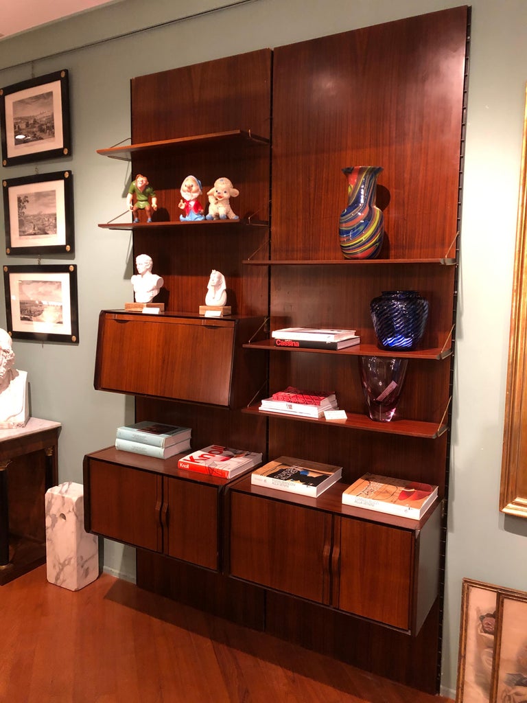 Italian Vintage Black Detail and Rosewood Equipped Wood Wall Bookcase ...