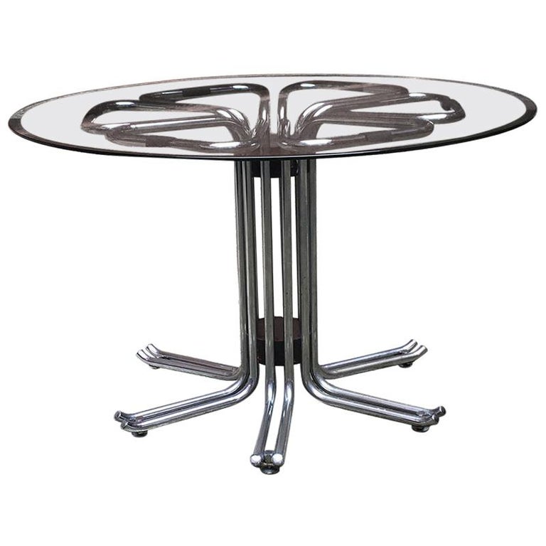 Italian Vintage Chromed Steel, Glass and Wood Detail Dining Table ...