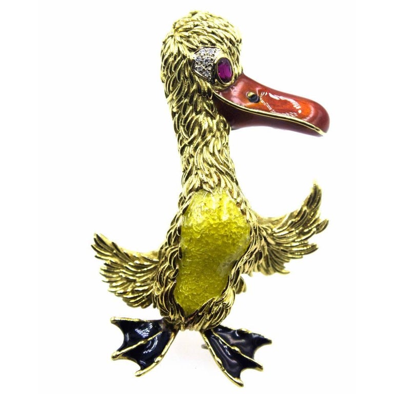 Italian Vintage Enamel 18 Karat Yellow Gold Duck Brooch Pin at 1stDibs
