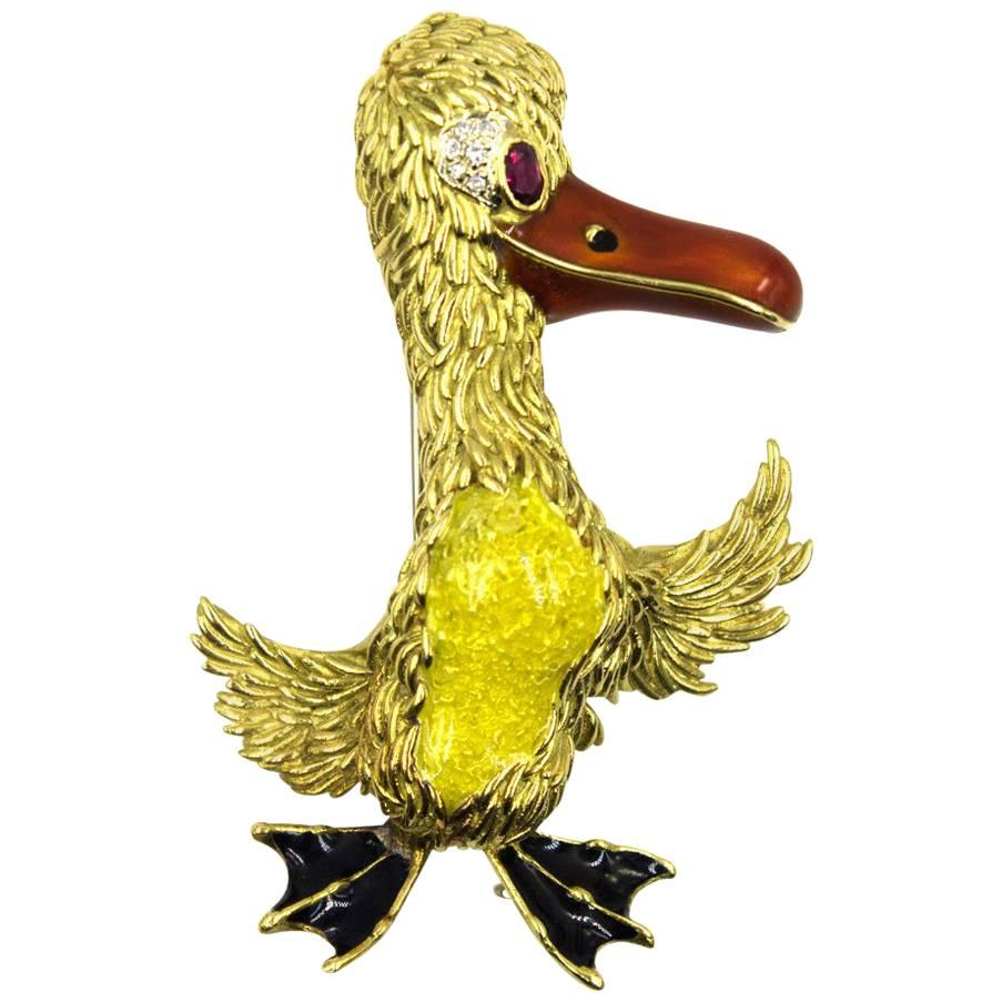 Italian Vintage Enamel 18 Karat Yellow Gold Duck Brooch Pin at 1stDibs