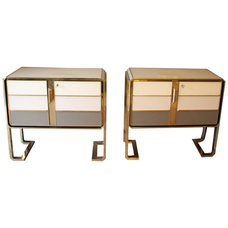 Pair Of Murano Grey and Beige Glass Clad Cabinets For Sale at 1stDibs