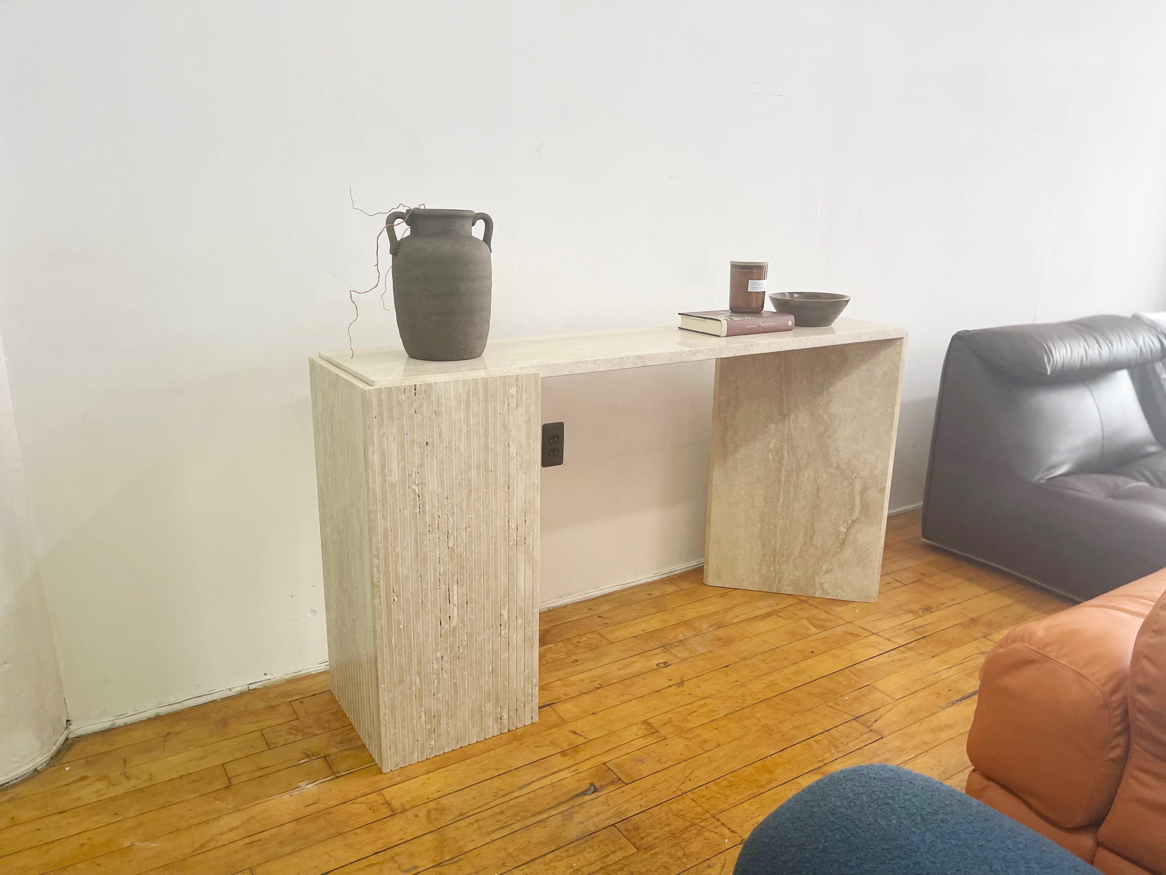 Vintage Italian Travertine Console Table with triangle shaped legs 1970s For Sale at 1stDibs