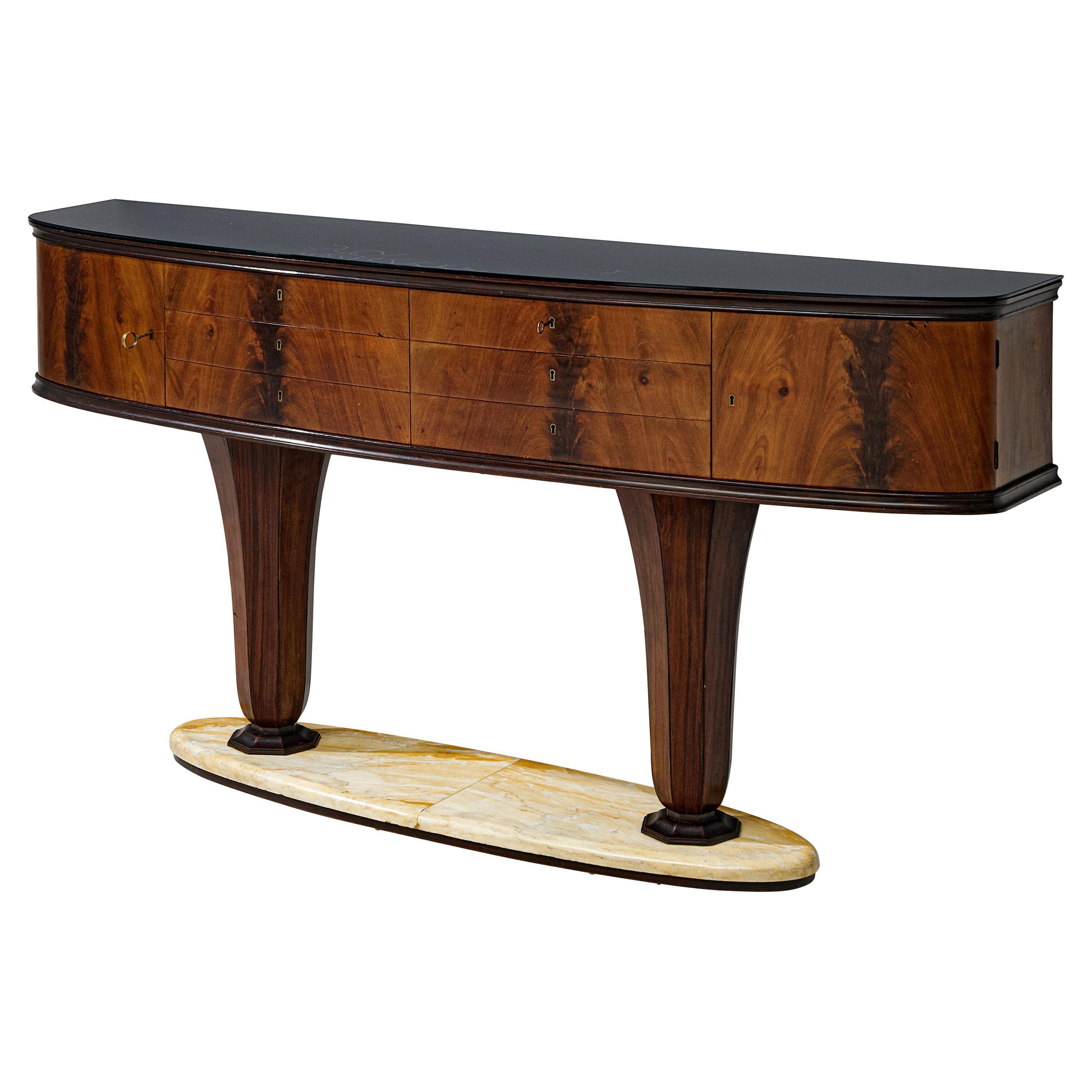 Very Large Custom Wall Hung Console in Black Lacquer and Travertine For ...