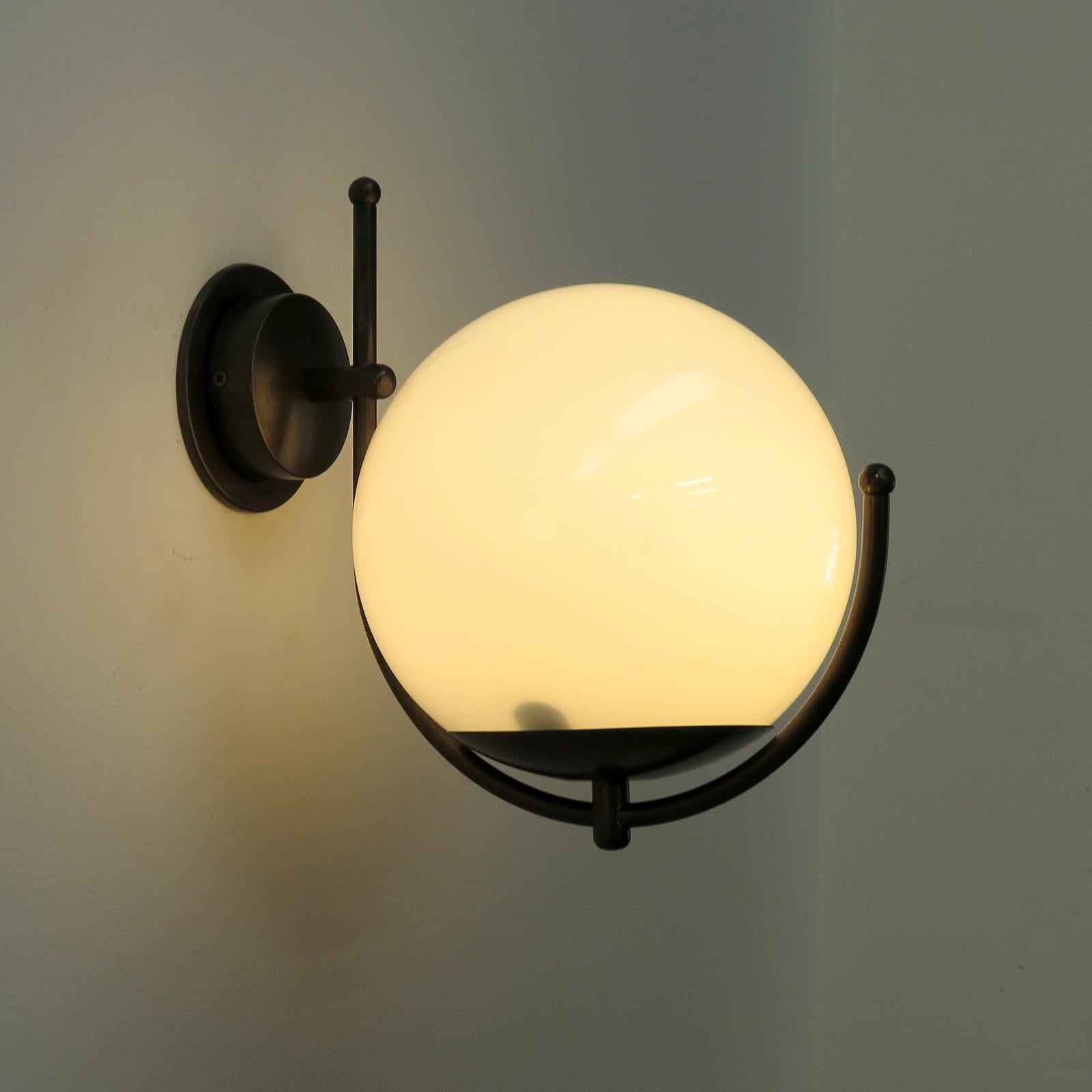 Italian Wall Lights with Glass Globe, Patinaed Brass Frame For Sale at ...