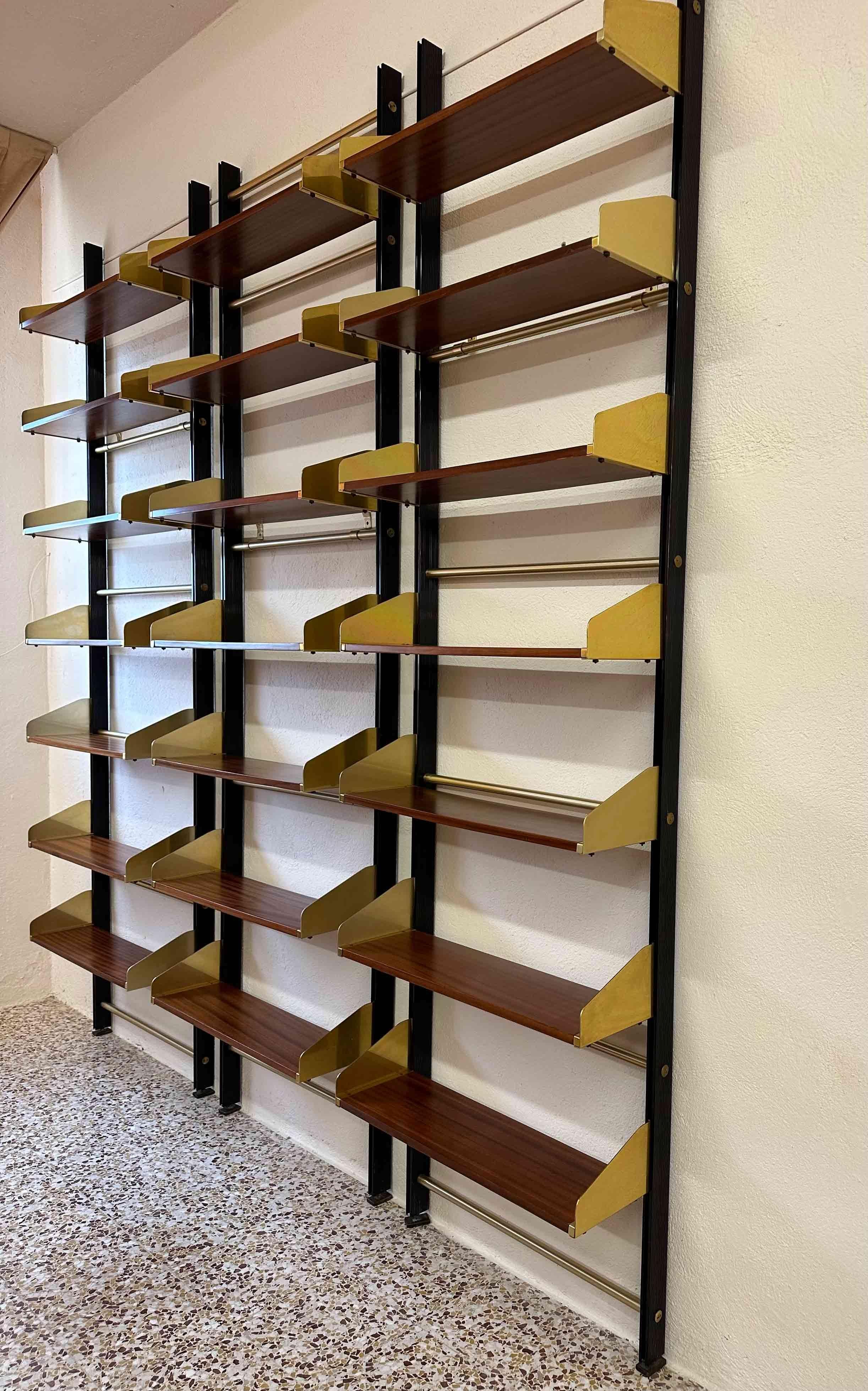 Italian Wall-Mounted FEAL Brass, Wood and Metal Bookcase, 1950s For ...