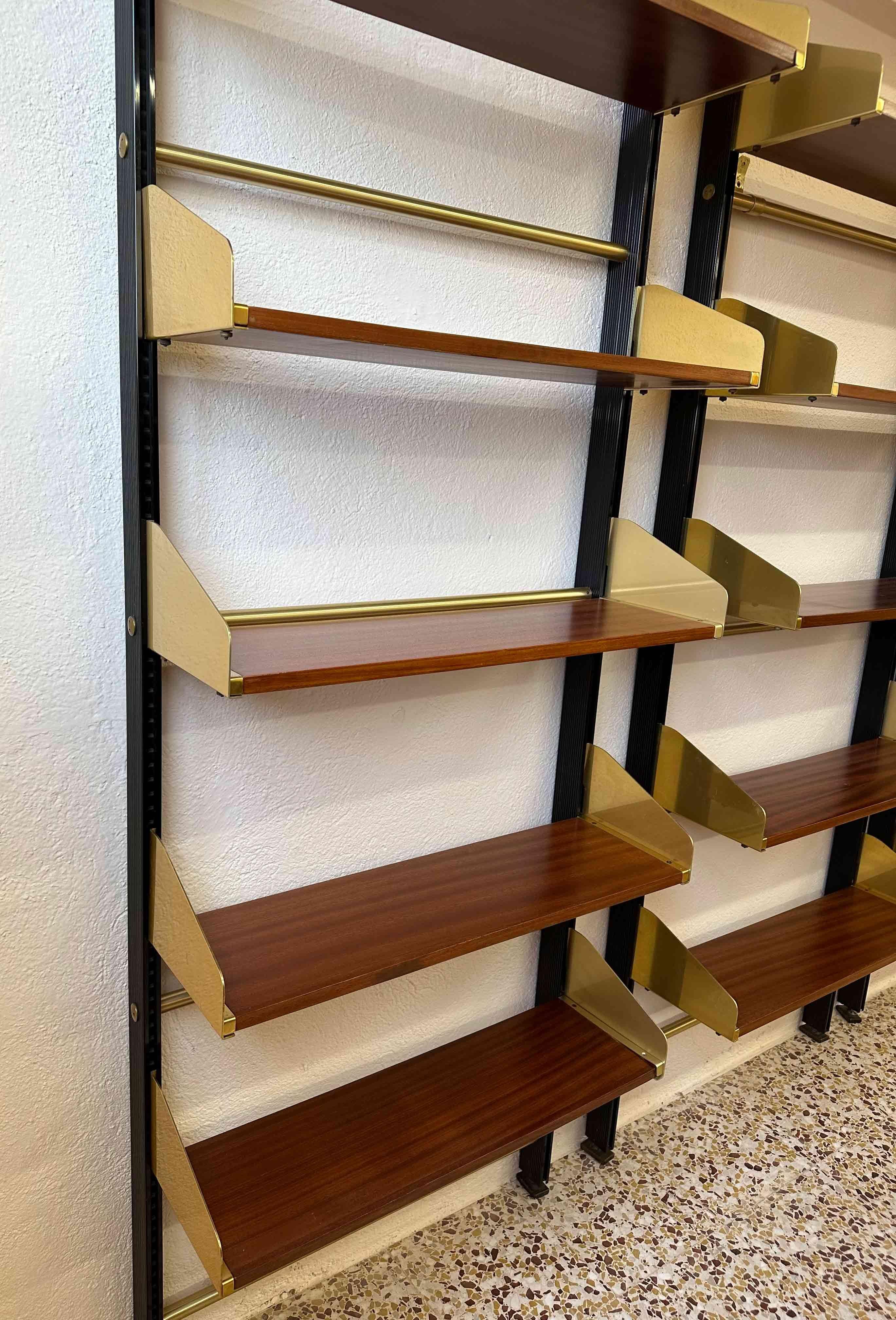 Italian Wall-Mounted FEAL Brass, Wood and Metal Bookcase, 1950s For ...