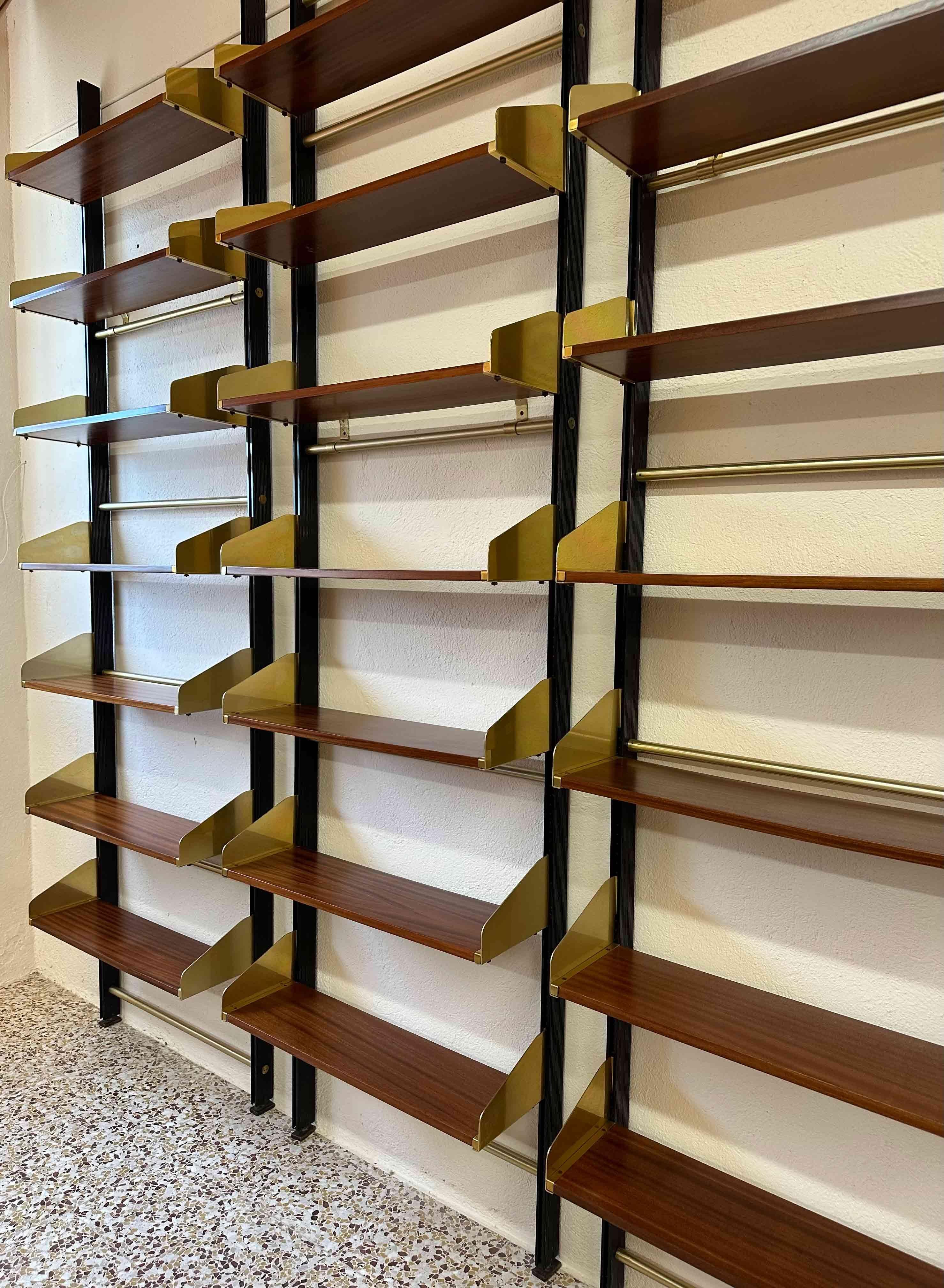 Italian Wall-Mounted FEAL Brass, Wood and Metal Bookcase, 1950s For ...