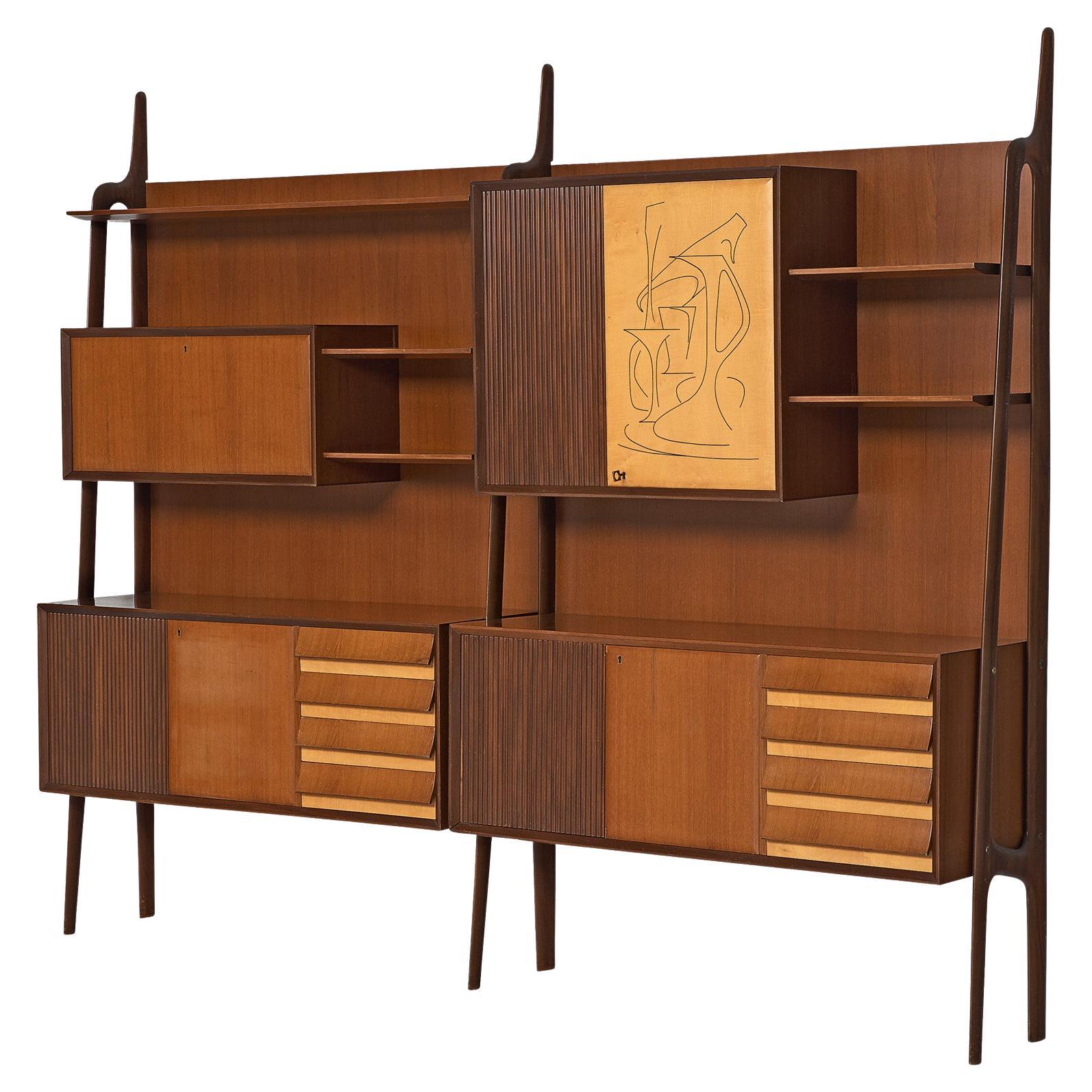 Italian Wall Unit in Walnut and Maple For Sale at 1stDibs