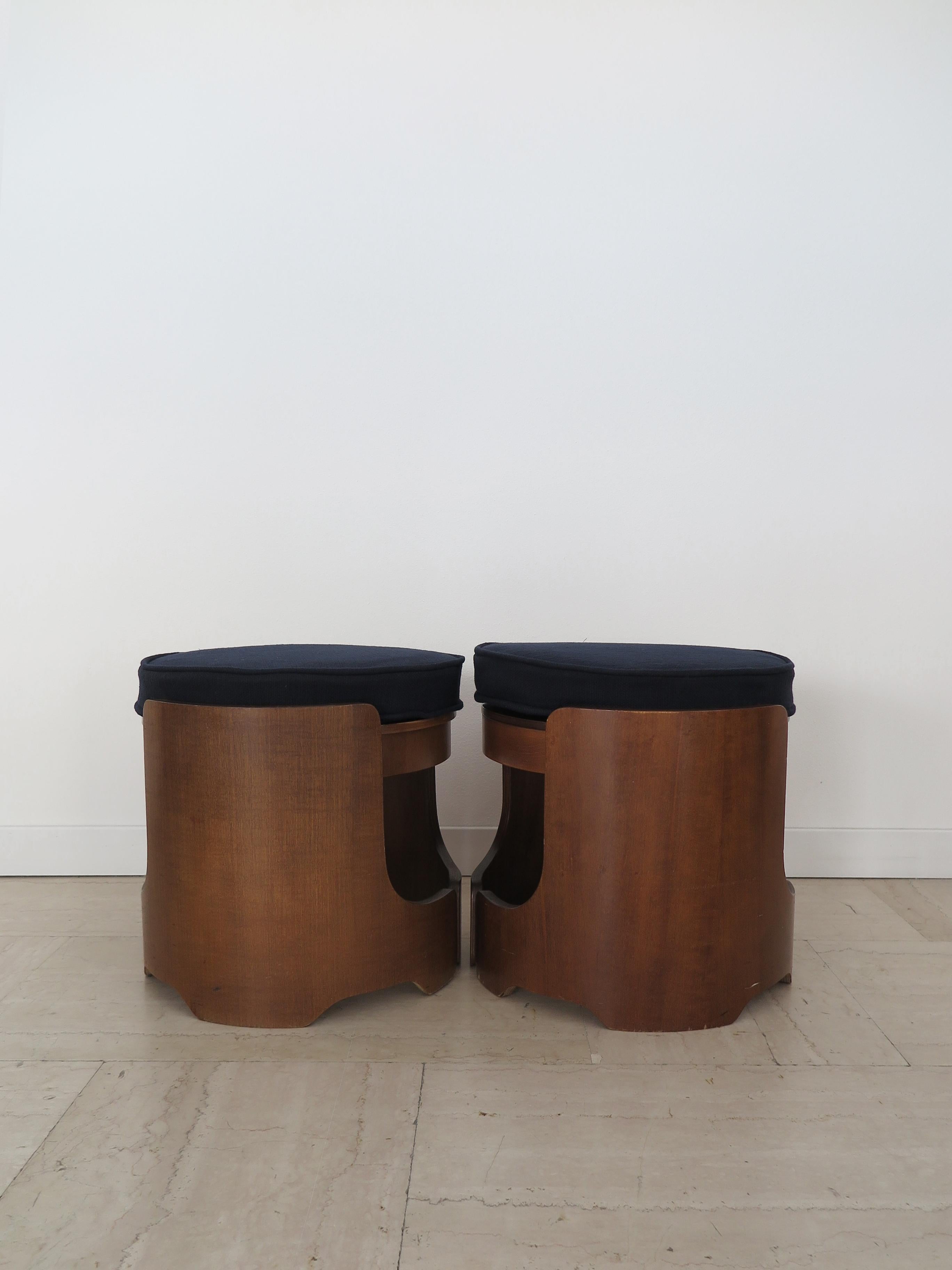 Italian Walnut and Blue Fabric Stools 1960s For Sale at 1stDibs