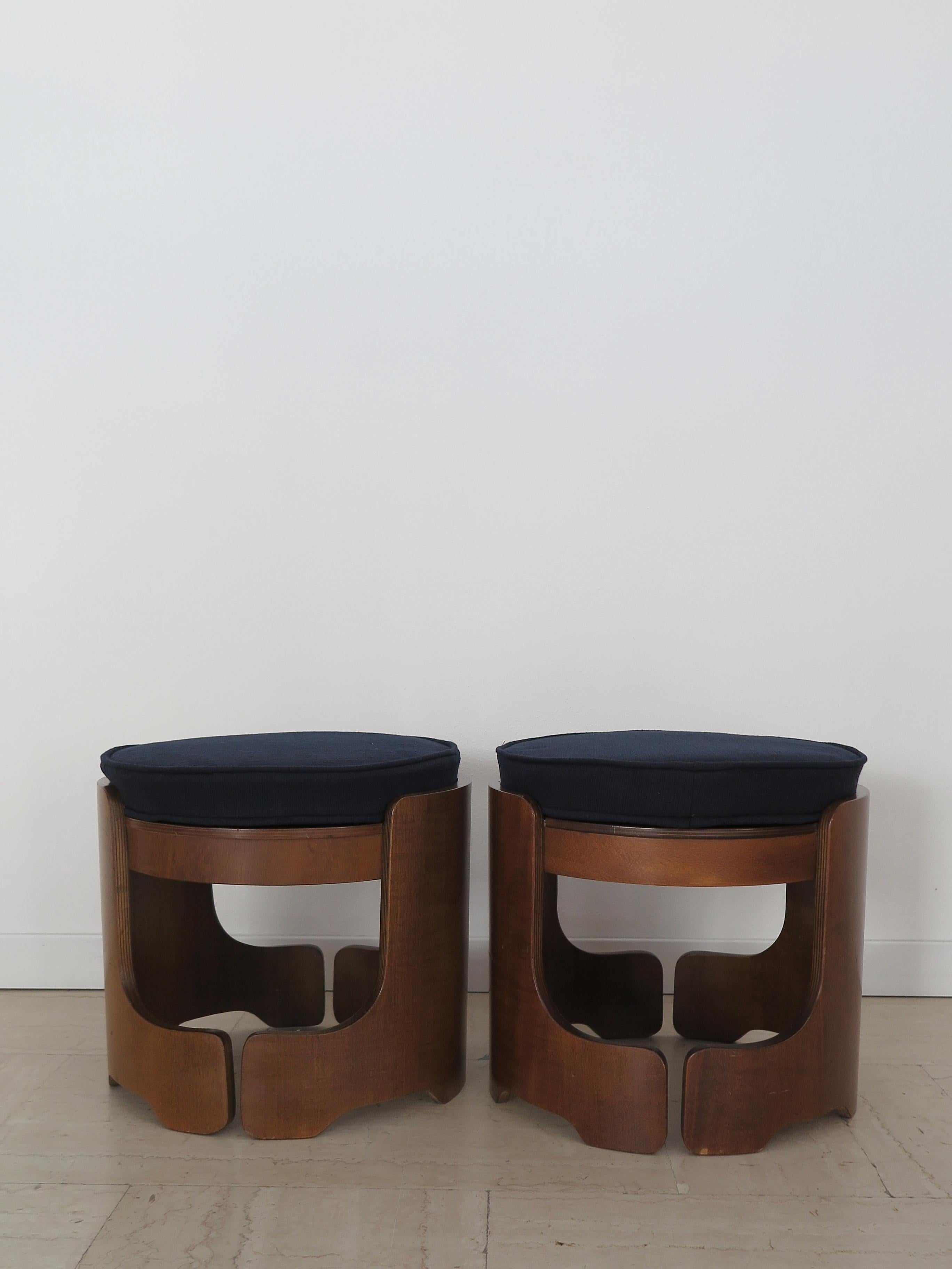 Italian Walnut and Blue Fabric Stools 1960s For Sale at 1stDibs