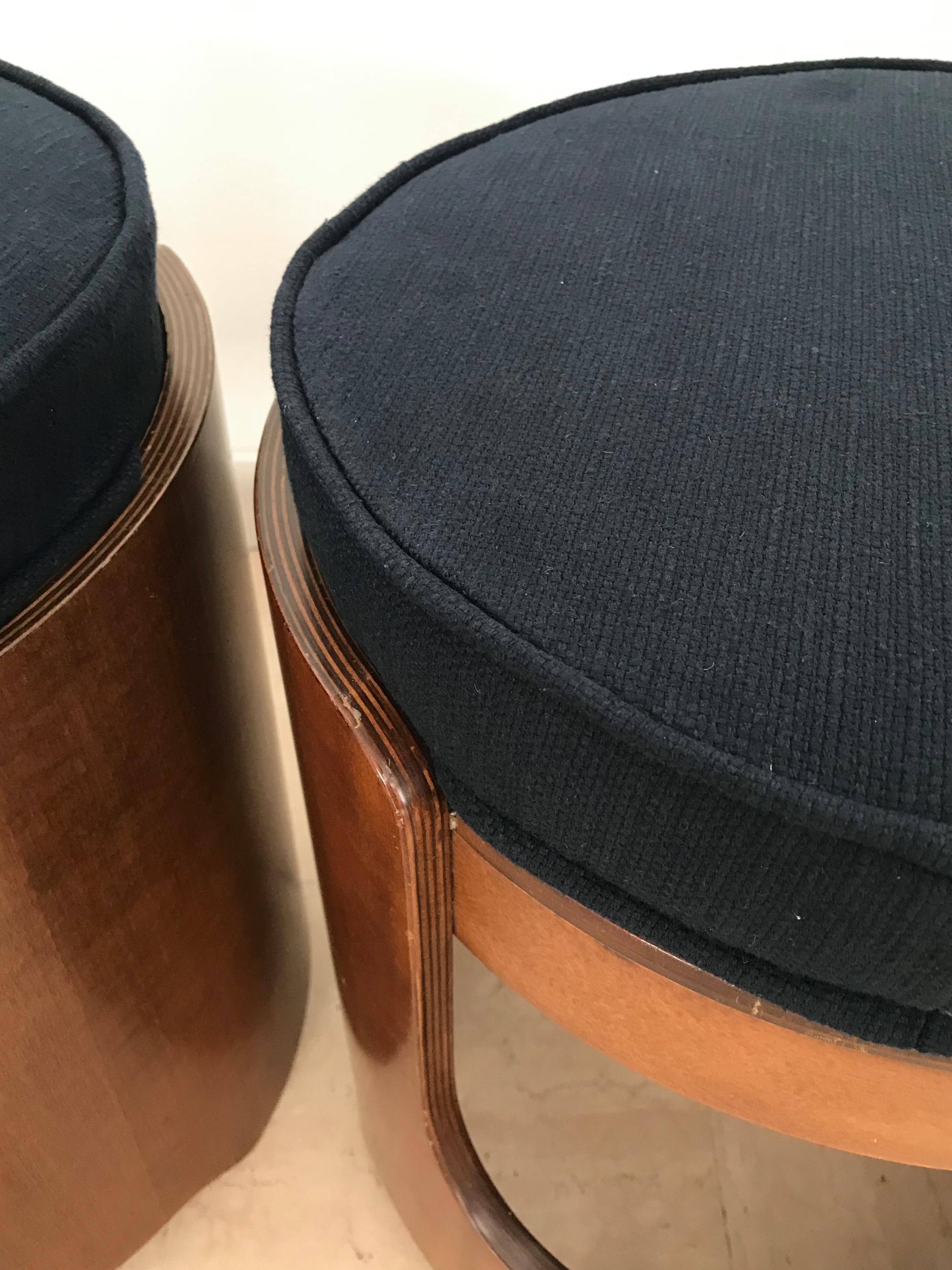 Italian Walnut and Blue Fabric Stools 1960s For Sale at 1stDibs